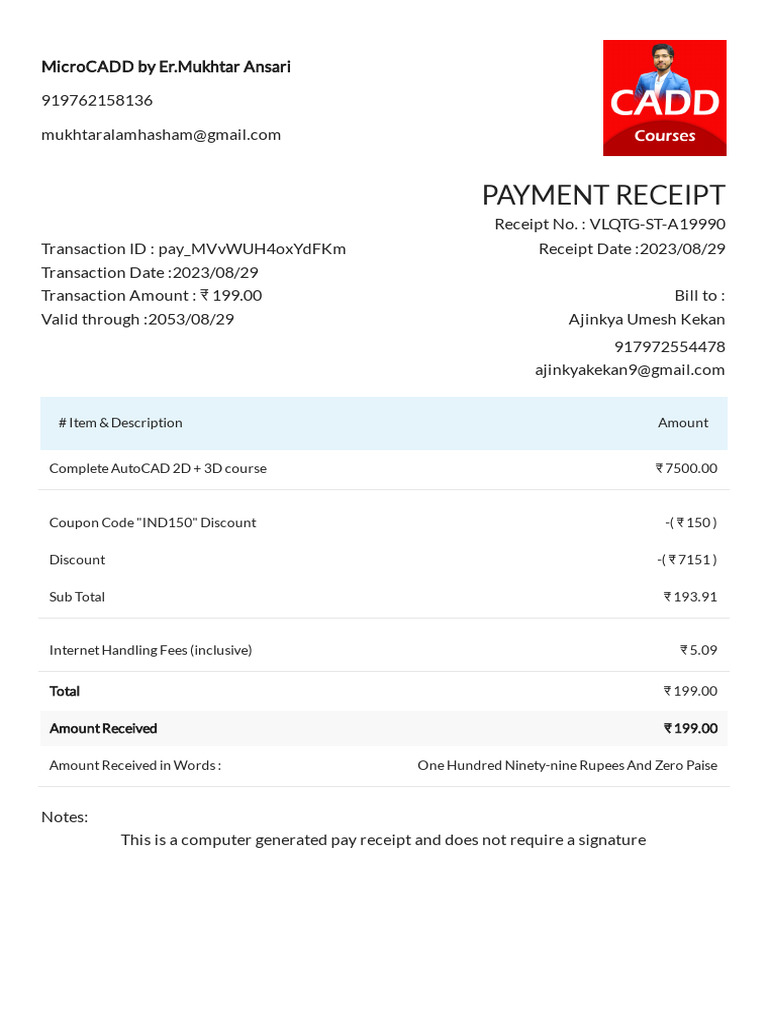AutoCAD Course Payment Receipt | PDF