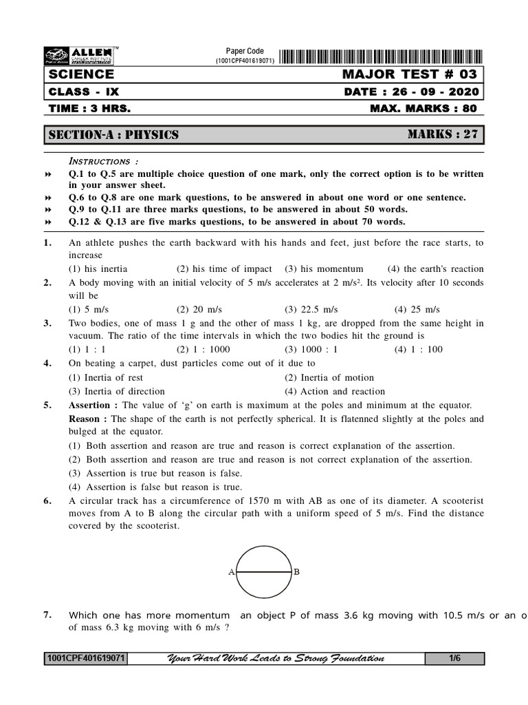Class 9 Major-3 Science | PDF | Mass | Acceleration