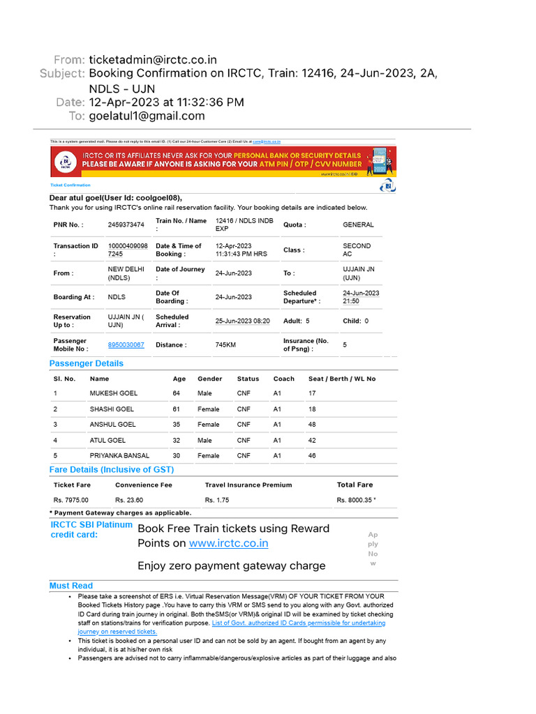 Booking Confirmation On IRCTC, Train 12416, 24-Jun-2023, 2A, NDLS - UJN ...