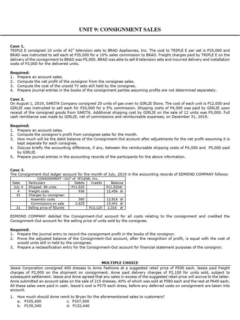 Unit 9 - Consignment Sales | PDF | Debits And Credits | Cost