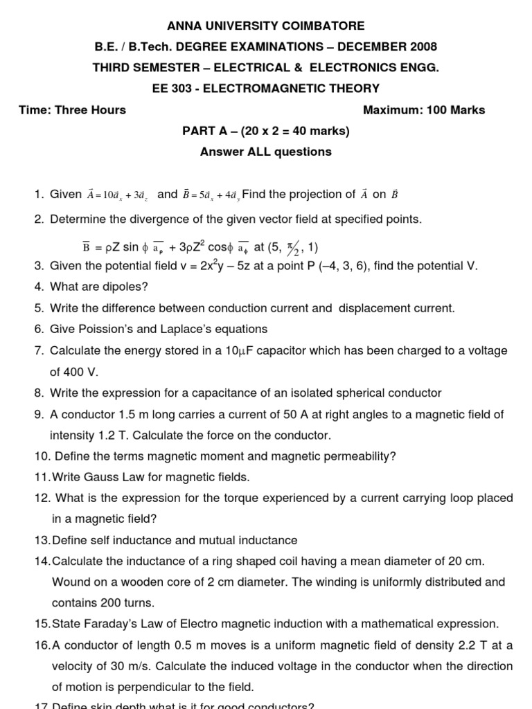 EMT Question Papers. | PDF | Magnetic Field | Inductance