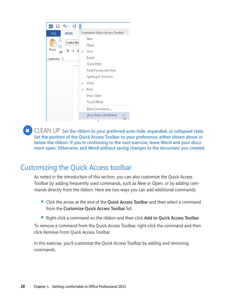 Customizing The Quick Access Toolbar Clean Up Pdf