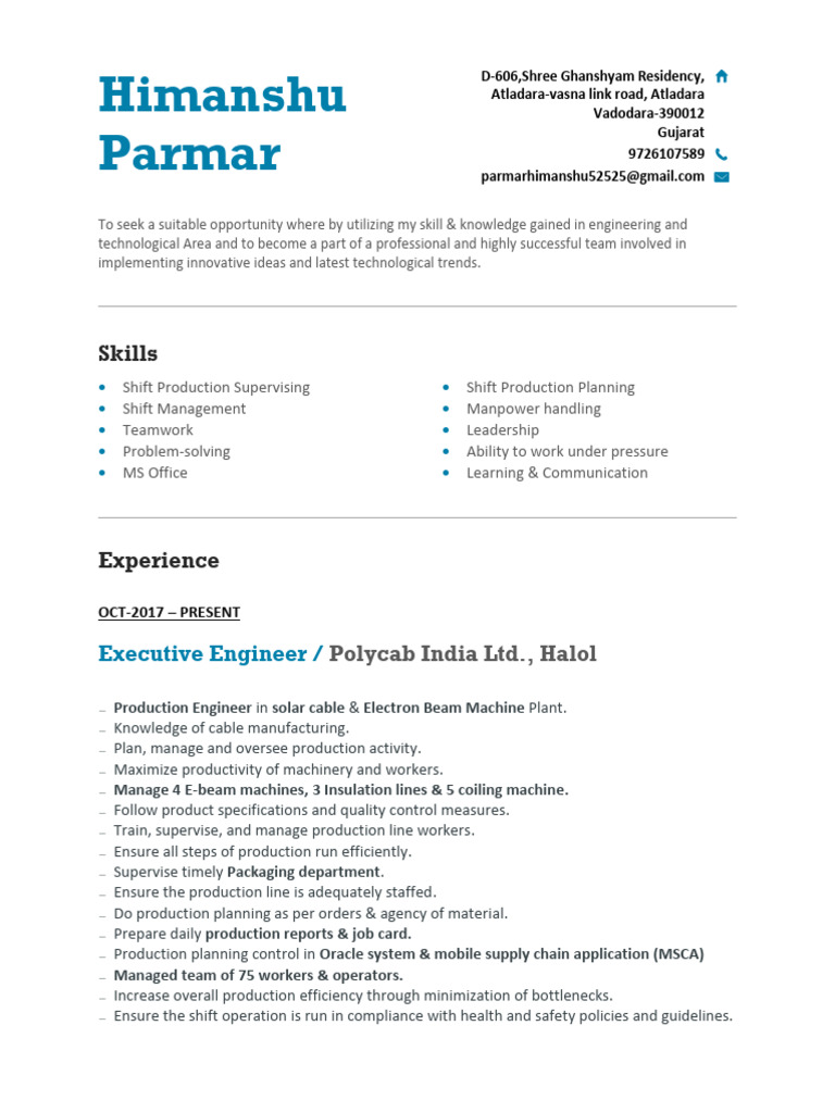 Himanshu Parmar Resume PDF | PDF | Electricity | Electrical Engineering