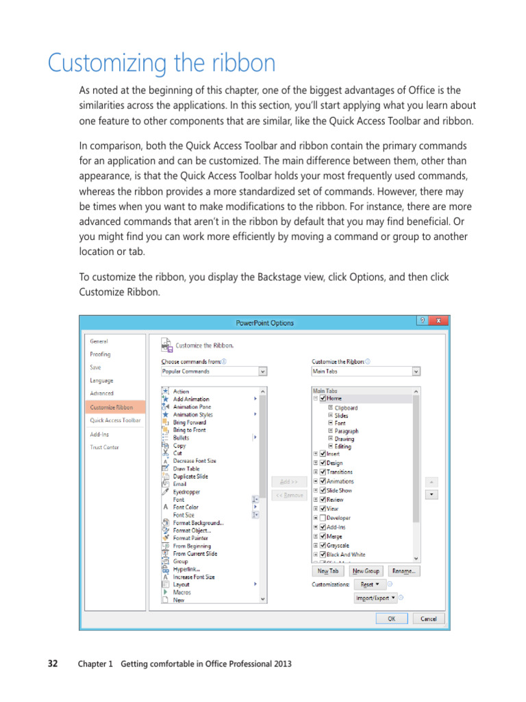 Customizing The Ribbon: Chapter 1 Getting Comfortable in Office Professional 2013 | PDF