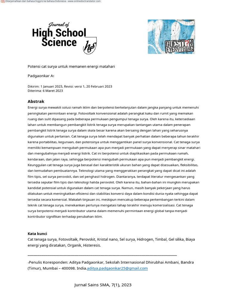 Potensi Cat Surya untuk Energi Terbarukan | PDF