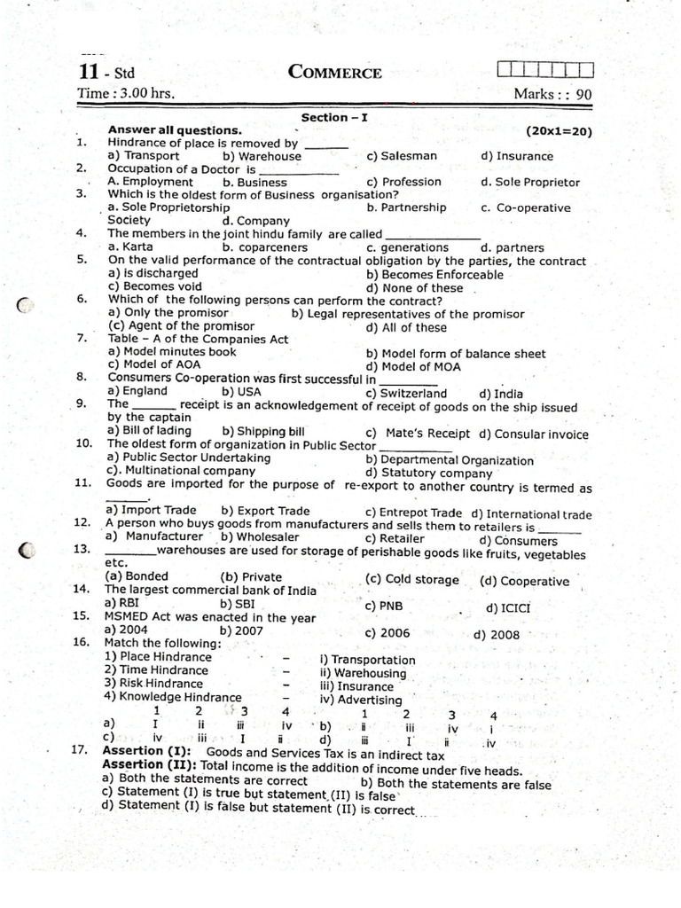 11th Commerce EM Half Yearly Exam 2023 Question Paper With Answer Keys ...