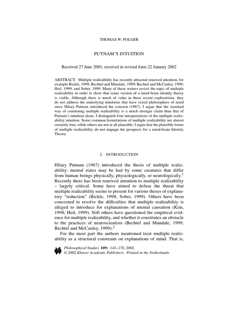 3 - Metafizyka Umysłu Polger-Putnams - Intuition | PDF