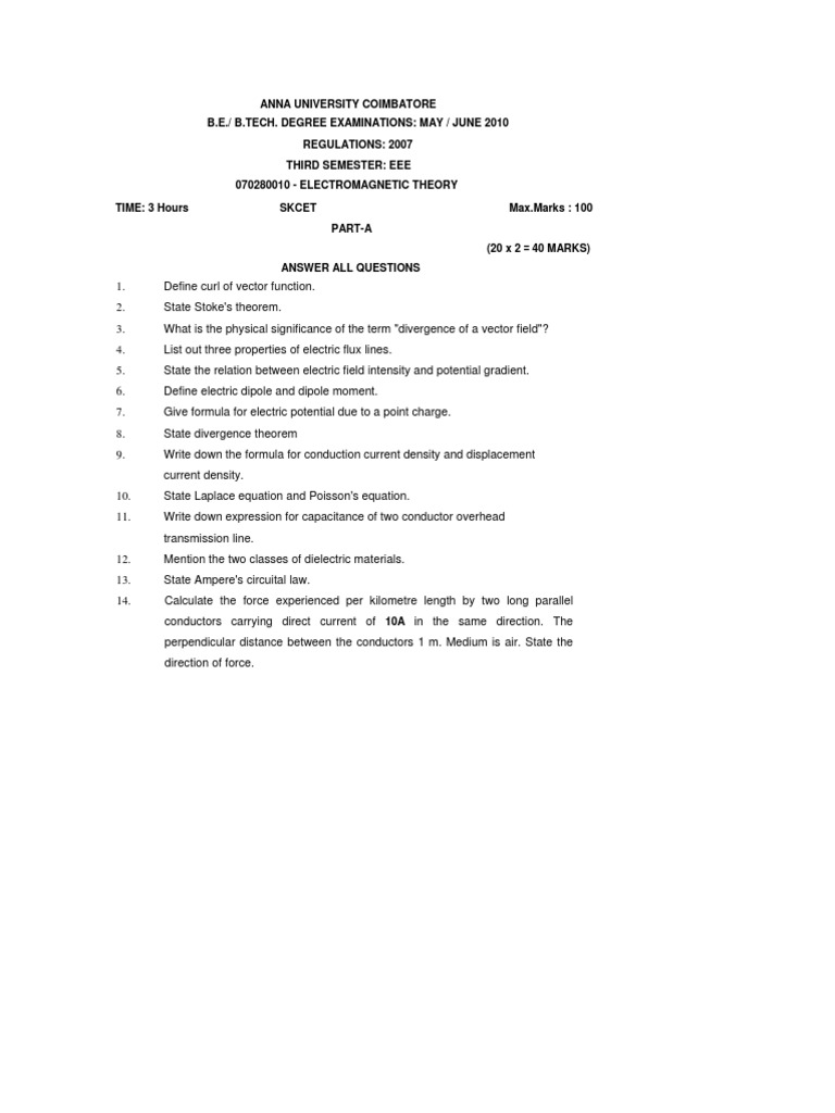 4.EMT Question Papers. | PDF | Magnetic Field | Electric Current