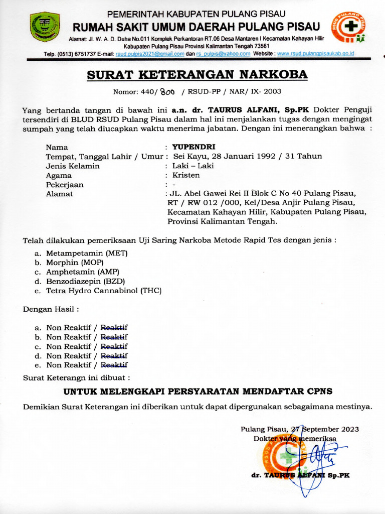 Surat Keterangan Narkoba | PDF