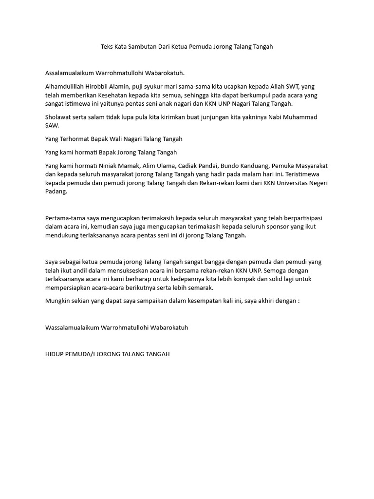 Teks Kata Sambutan Dari Ketua Pemuda Jorong Talang Tangah2 | PDF | Perjalanan | Gaya Hidup