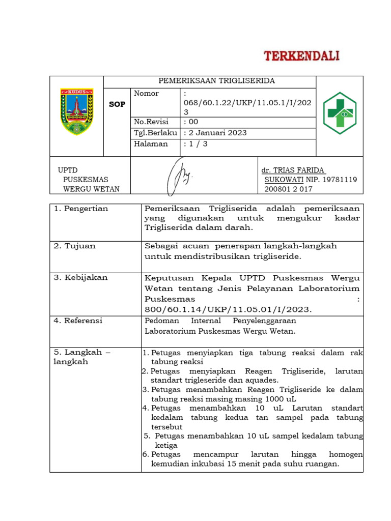 Prosedur Pemeriksaan Trigliserida | PDF