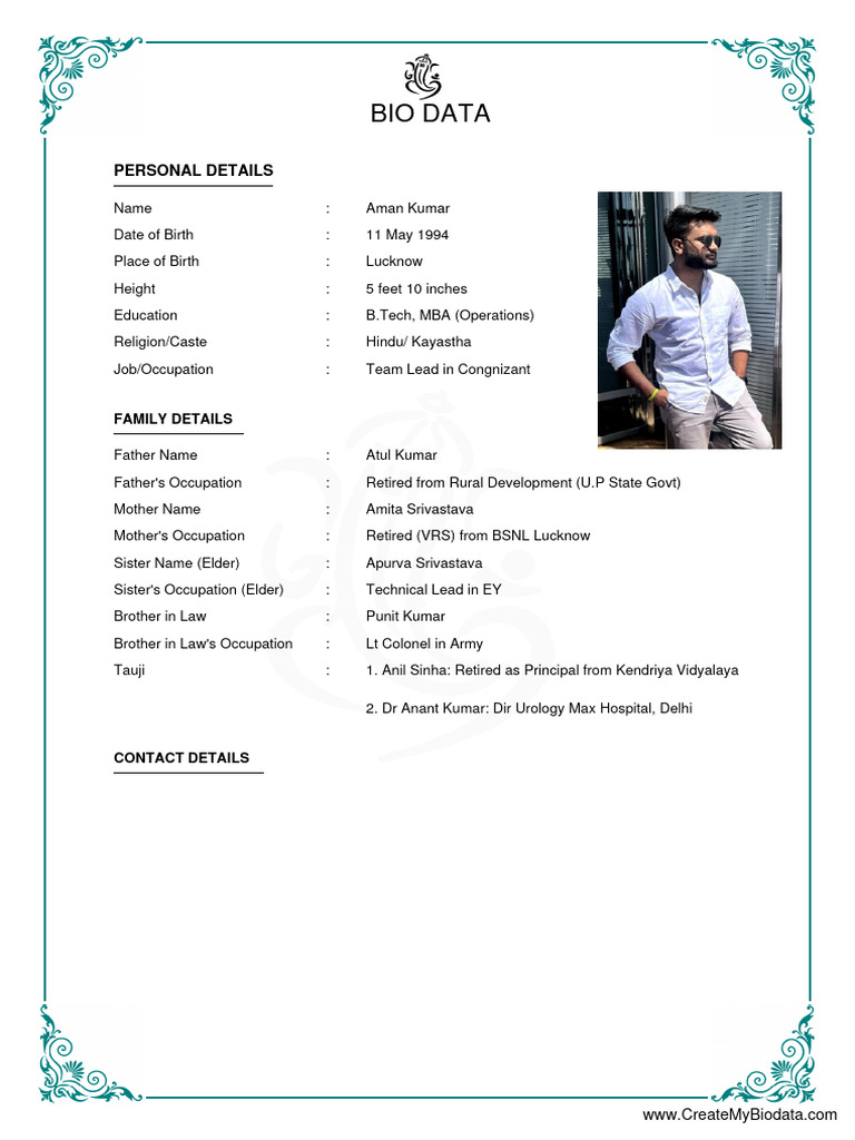 Aman Kumar - Biodata (By Createmybiodata - Com) | PDF