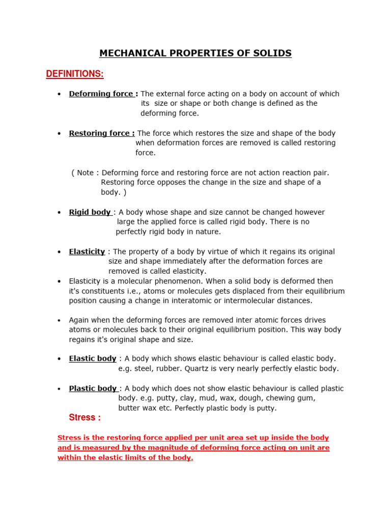 Mechanical Properties of Solids - Notes | PDF | Deformation ...