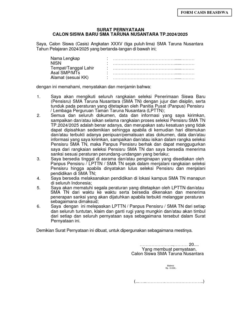 Form Surat Pernyataan Calon Siswa - BEASISWA - Syarat SMA Taruna ... Form Surat Pernyataan Calon Siswa - BEASISWA - Syarat SMA Taruna ...