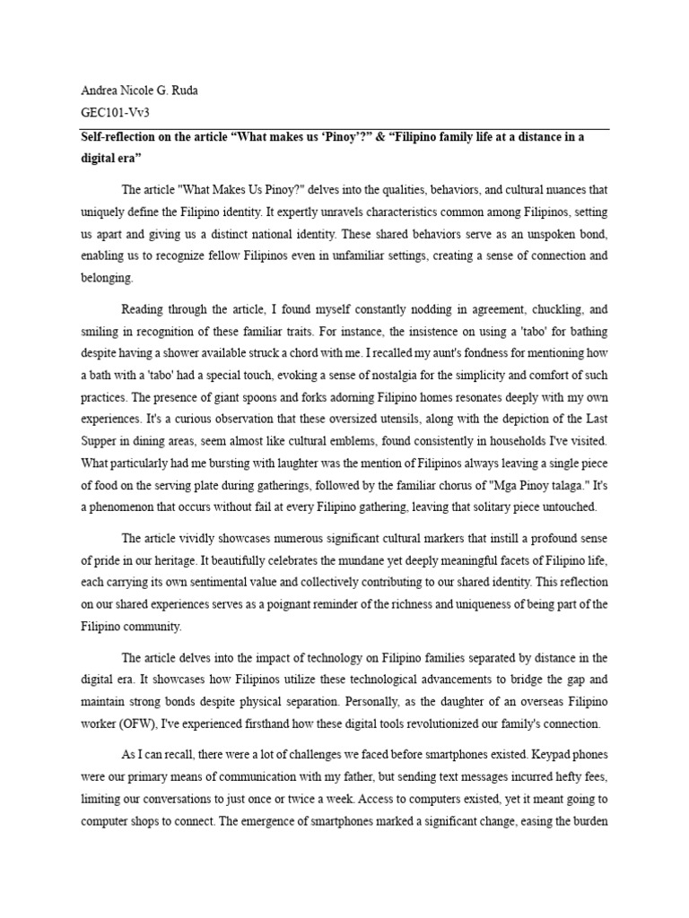Self-Reflection On The Article "What Makes Us Pinoy'?" & "Filipino ...