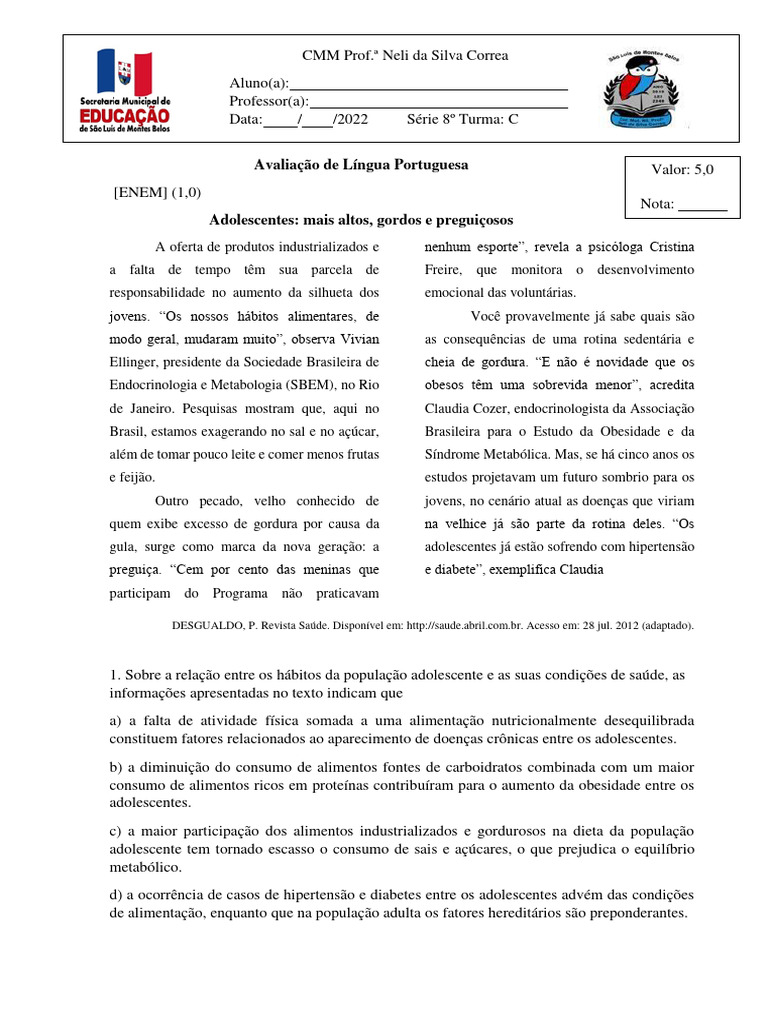 Prova 8 Ano Port | PDF