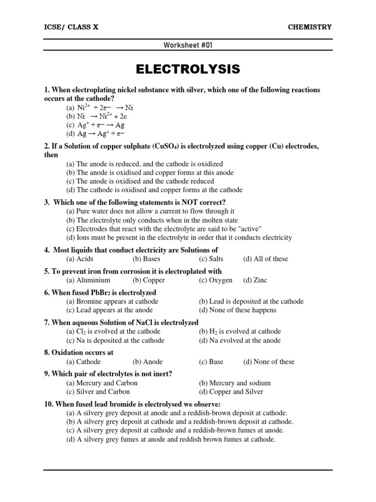 Electrolysis Worksheet 1 (Questions) | PDF