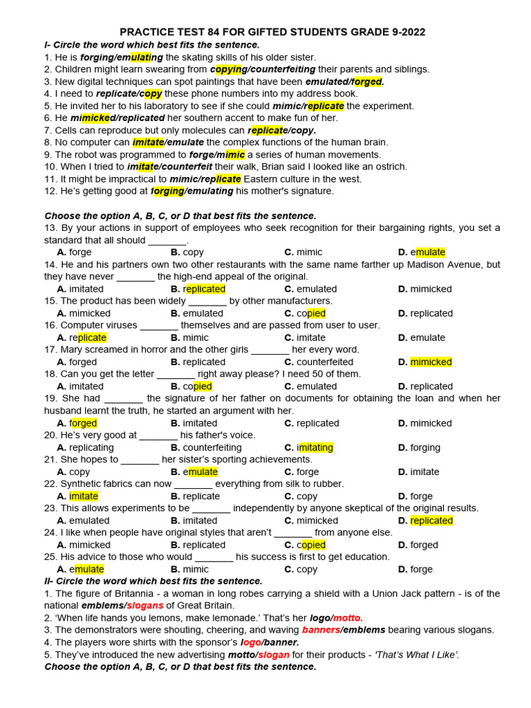 Practice Test 84 For Gifted Students Grade 9 | PDF