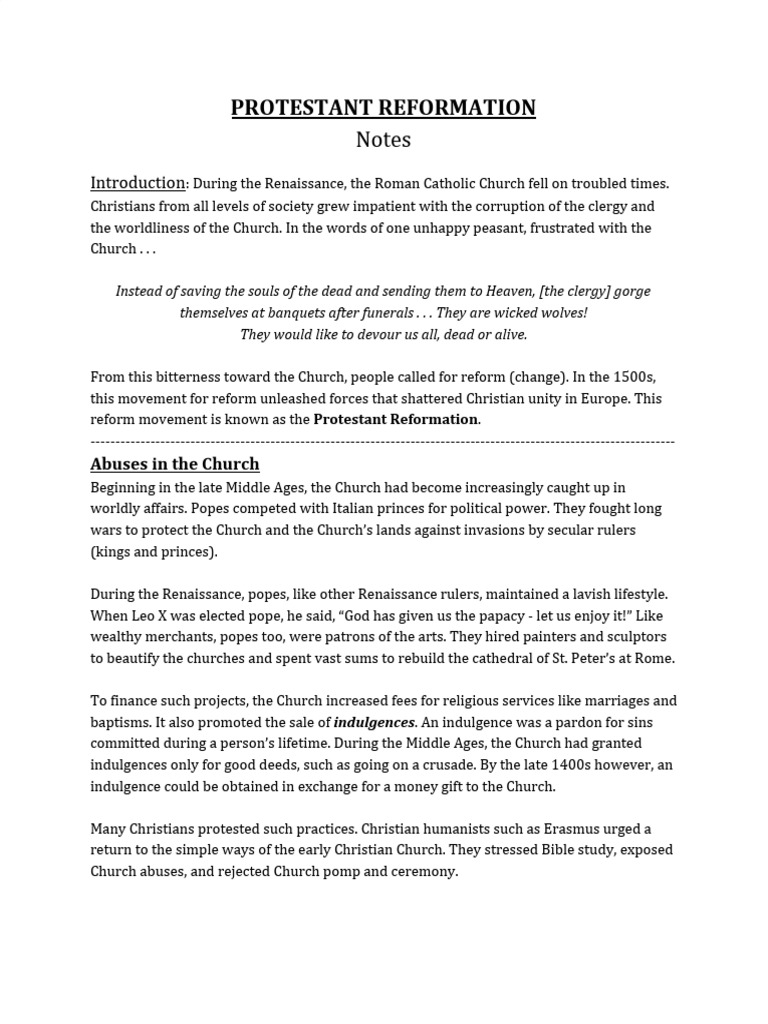 Protestant Reformation Notes | Download Free PDF | Martin Luther ...