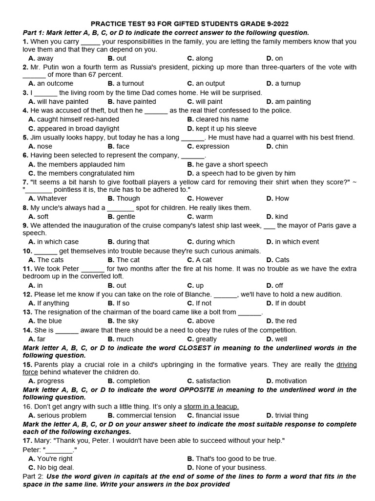 Practice Test 93 For Gifted Students Grade 9 | PDF | Social Science ...
