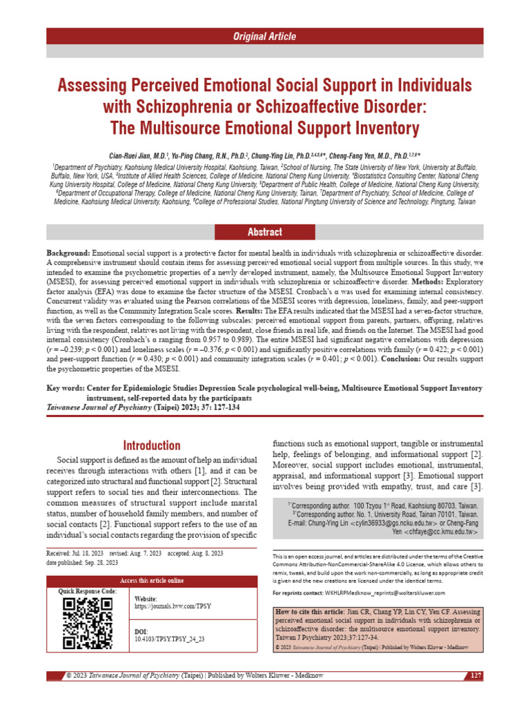 Assessing Perceived Emotional Social Support in Individuals With Schizophrenia or ...