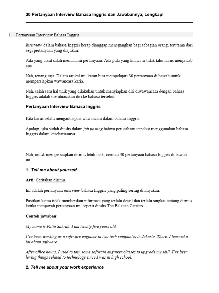 30 Pertanyaan Interview Bahasa Inggris Dan Jawabannya | PDF