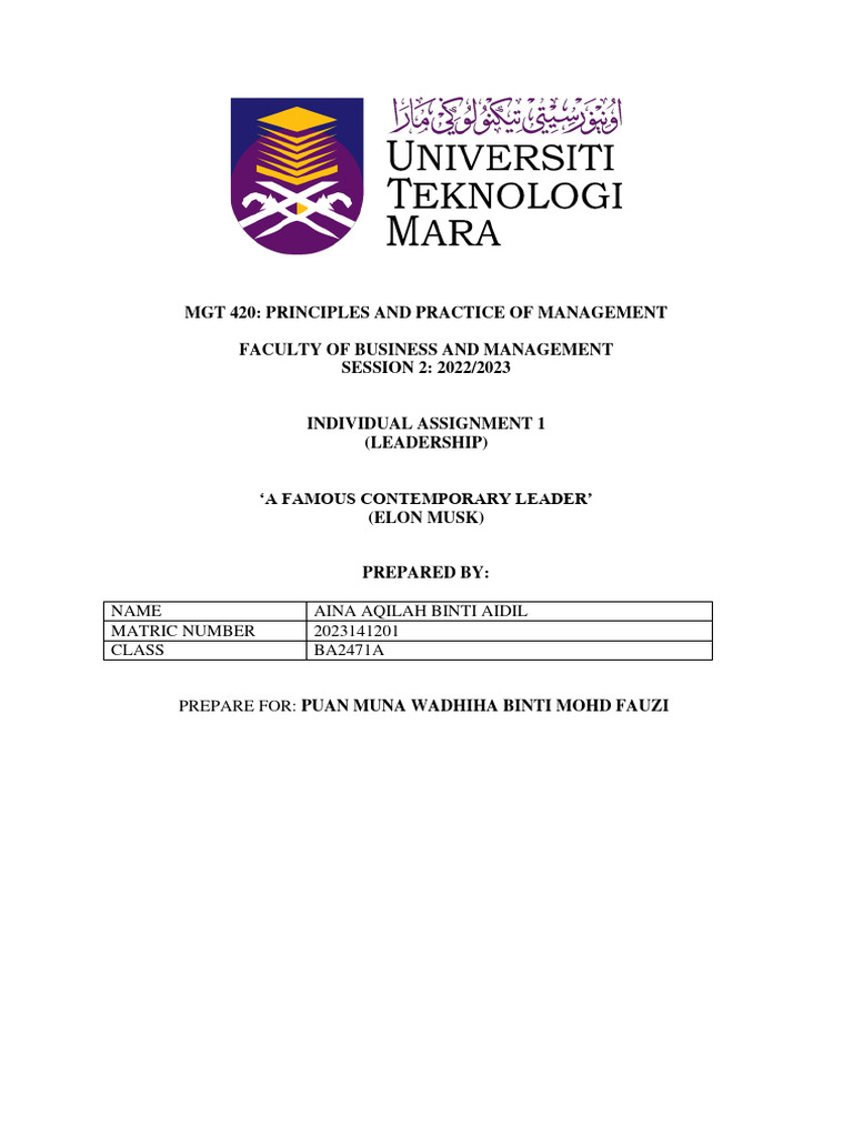 MGT 420 Individual Assignment 1 (Aina Aqilah, 2023141201) | PDF ...