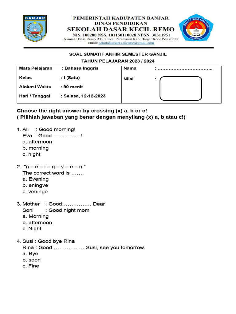 Soal SAS 1 B. Inggris Kelas 1 | PDF | Seni & Disiplin Bahasa
