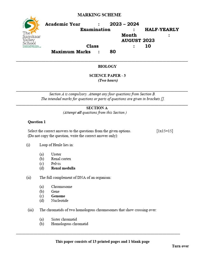 Marking Scheme Biology 2023-24 HY | Download Free PDF | Kidney | Red ...