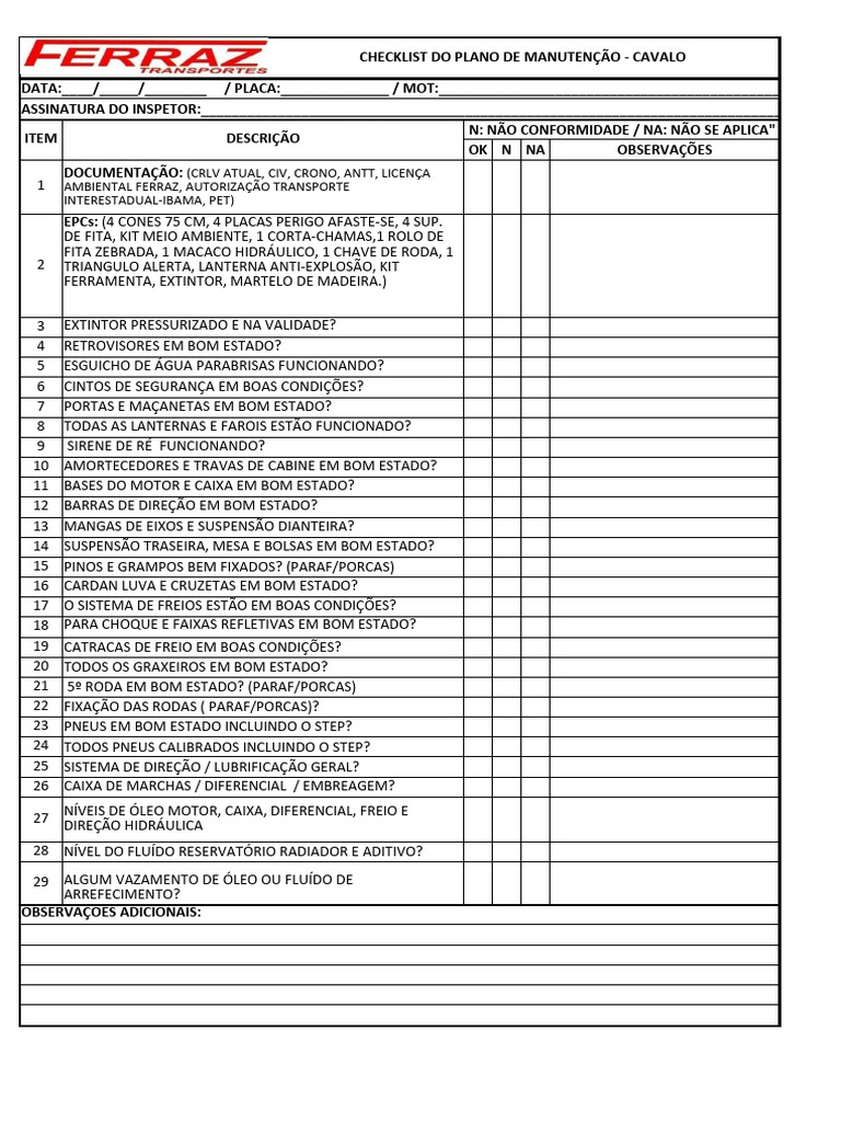 Checklist de Manutenção para Cavalo | PDF | Veículos terrestres ...
