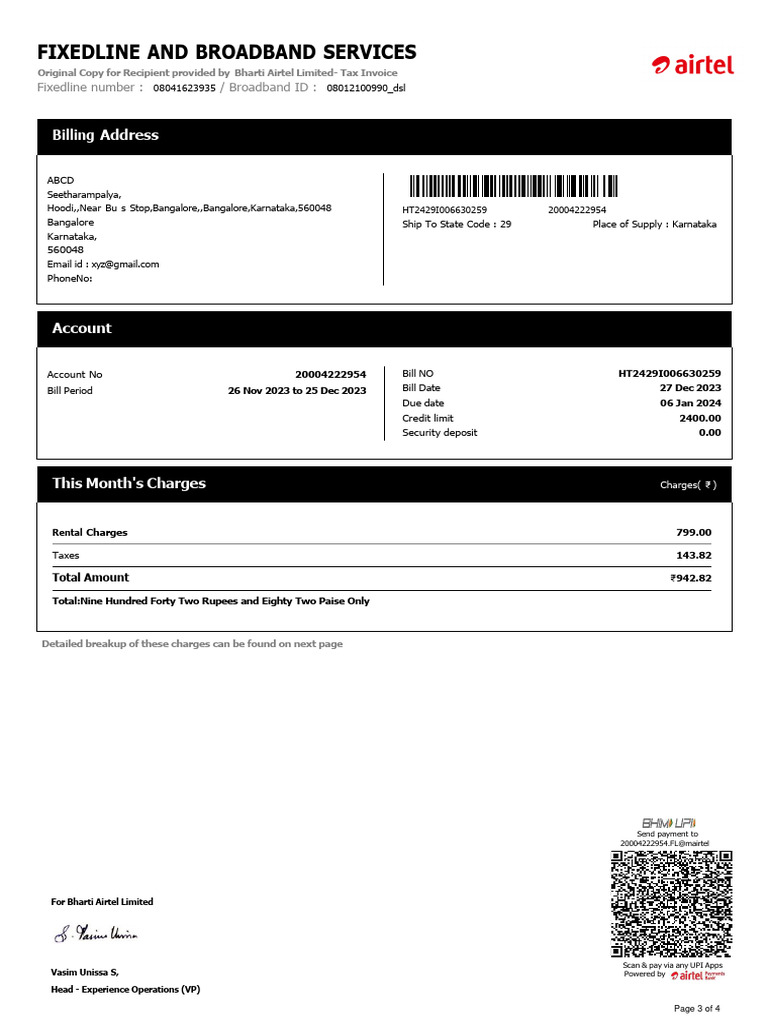 Airtel Xstreme Fiber Bill | PDF | Credit Card | Cheque