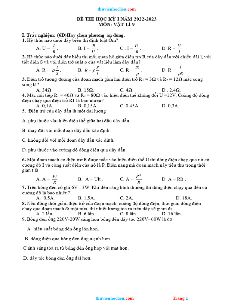 De Thi HK1 Ly 9 Nam 2022 2023 | PDF