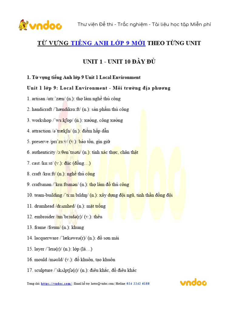 Tong Hop Tu Vung Tieng Anh Lop 9 Thi Diem Theo Tung Unit | PDF