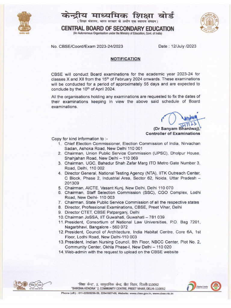 Board Exam Schedule For 2023-24 | PDF