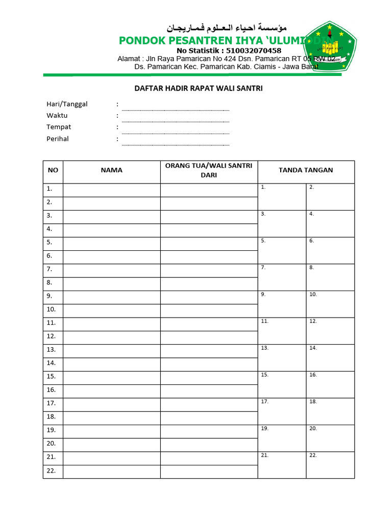 Daftar Hadir Rapat Wali Santri | PDF