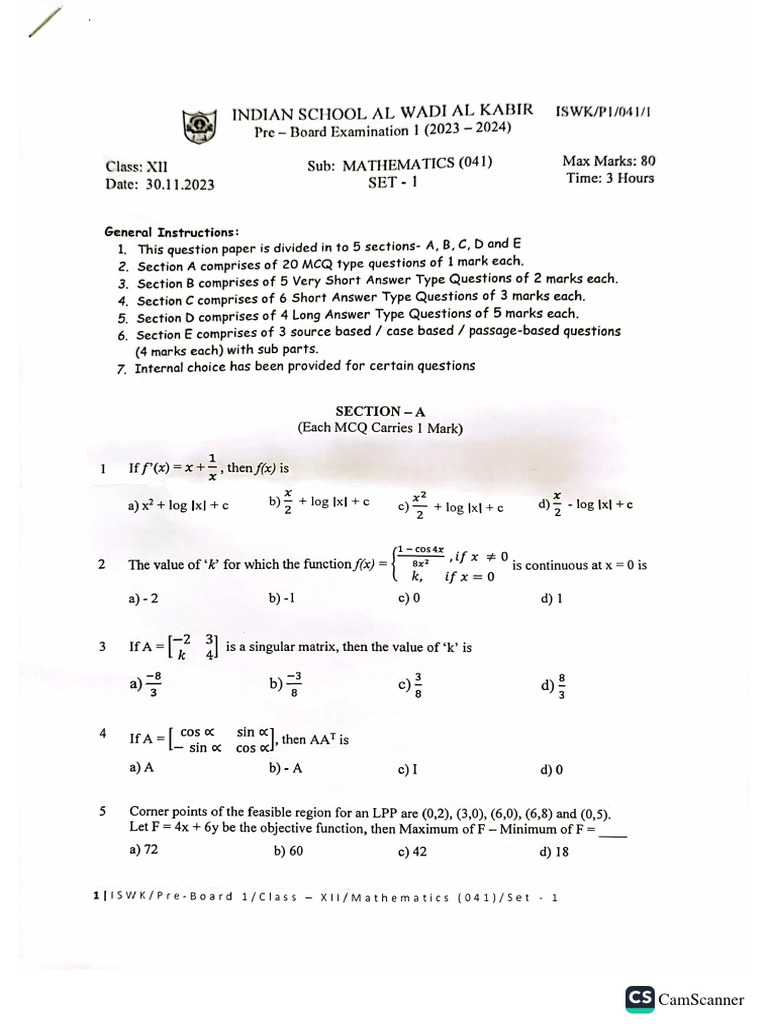Xii Maths PB 2023-24 (Indian School Iswk) | PDF