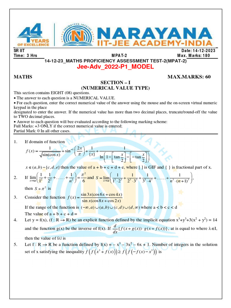 14-12-23 - MATHS PROFICIENCY ASSESSMENT TEST-2 (MPAT-2) - Jee-Adv ...
