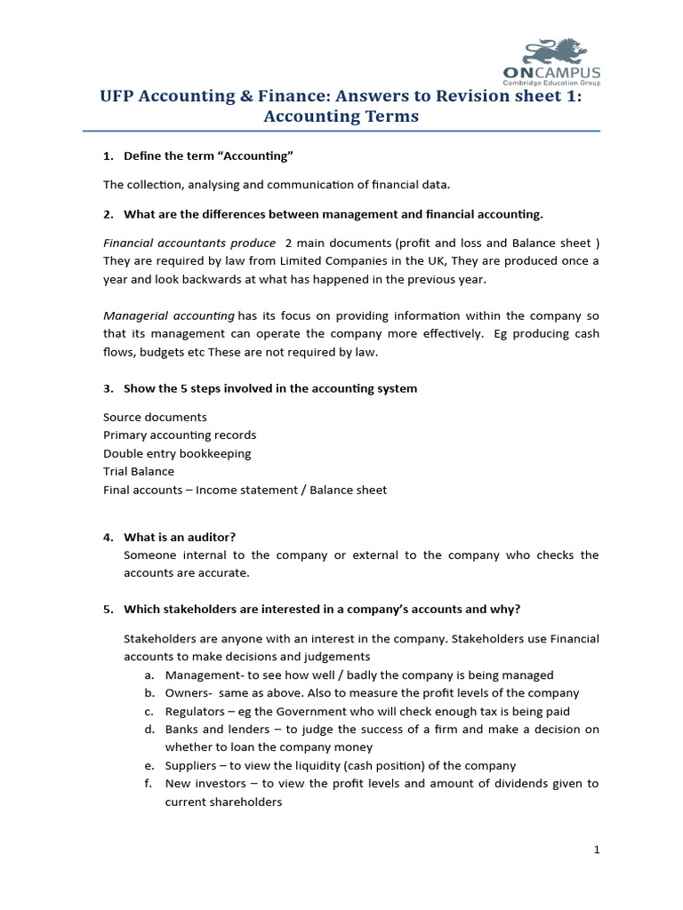 Accounting Revision Worksheet 1 Answers Accounting Terms | PDF ...