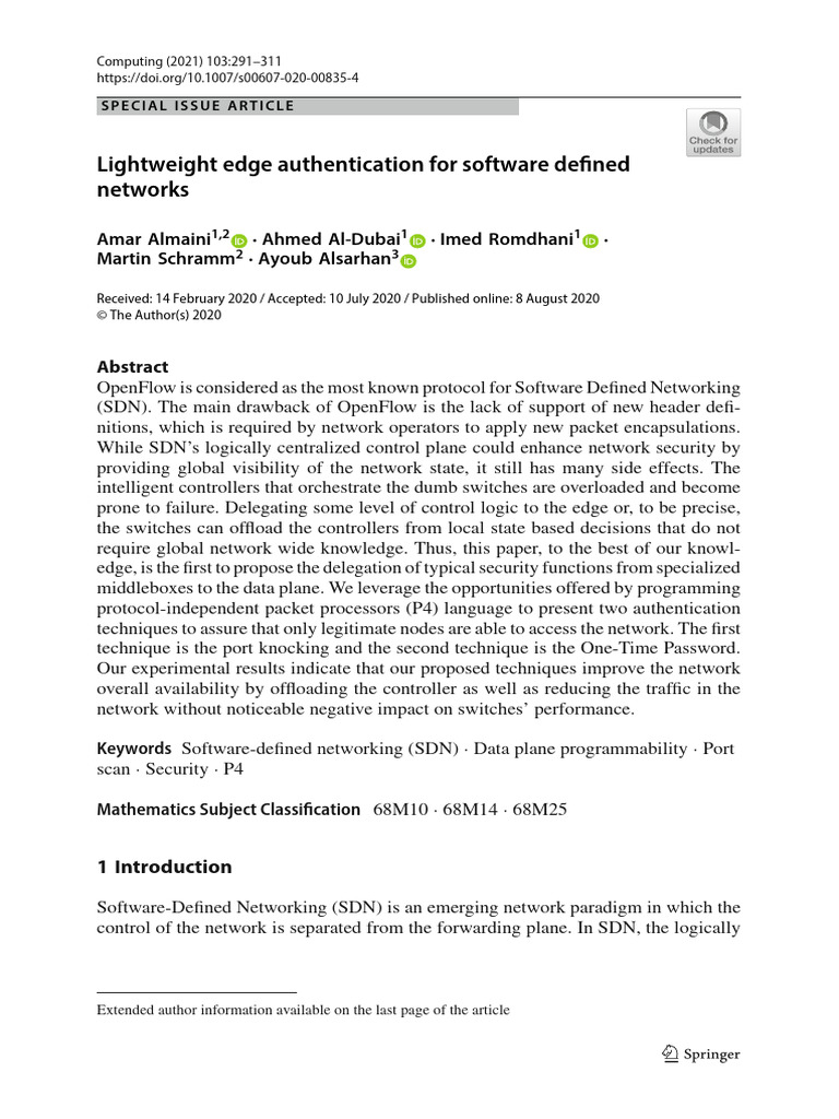 6 - Lightweight Edge Authentication For Software Defined Networks - 2021 Pringer | Download Free ...