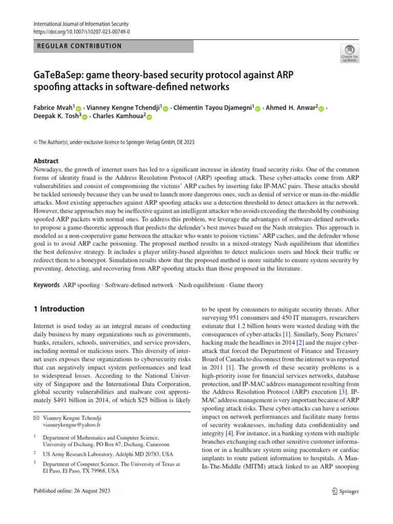 Game Theory for ARP Spoofing Defense | PDF | Security | Computer Security