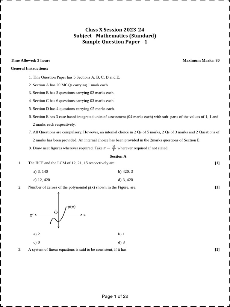 Standard Maths Sample Paper Class 10 | PDF