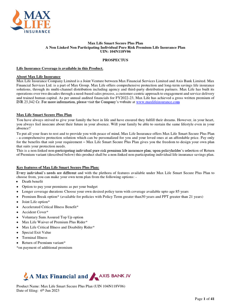 Max Life Smart Secure Plus Plan Prospectus | PDF
