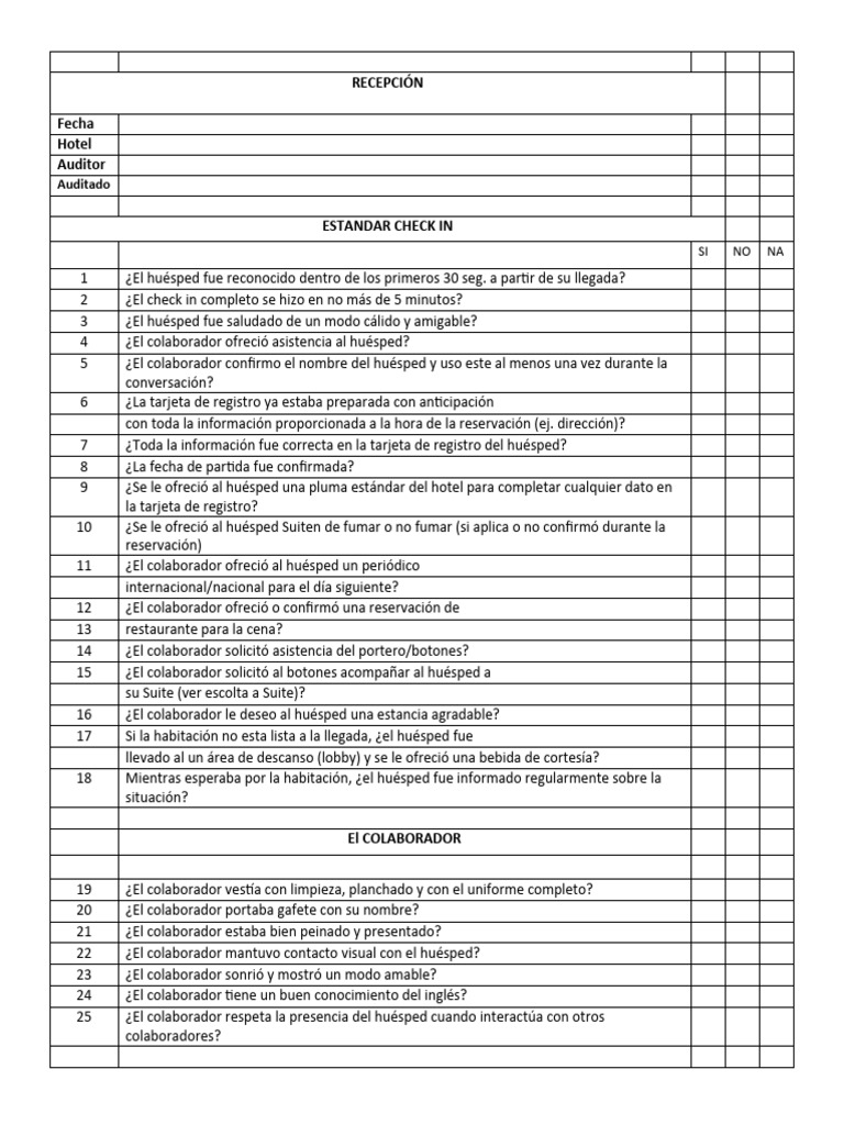 RECEPCION Check List | PDF