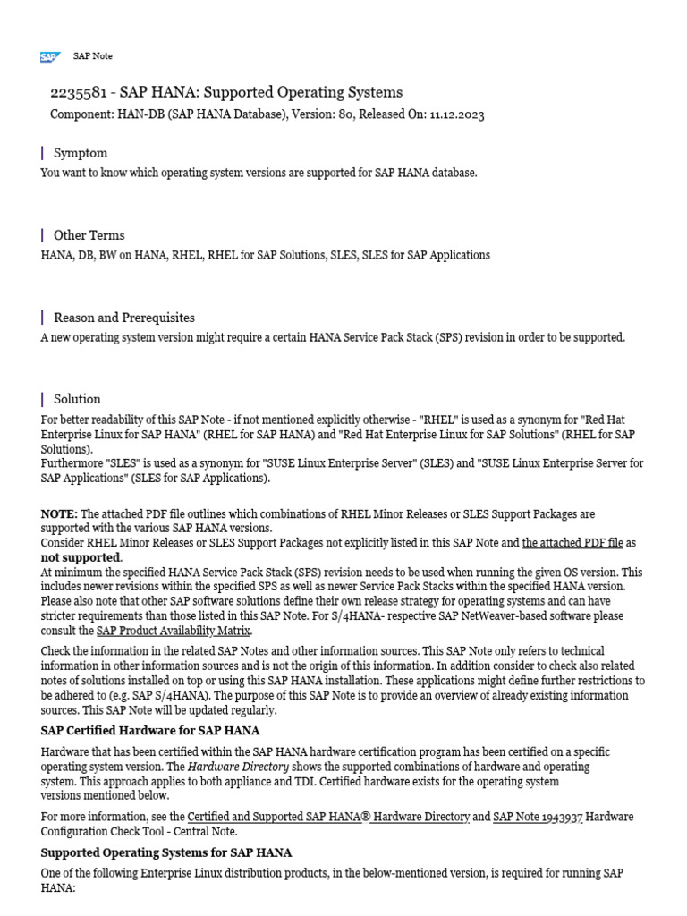 SAP HANA Supported Operating Systems | PDF | Information Technology | System Software