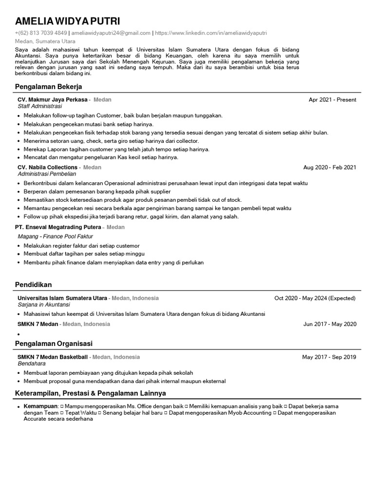 Profil Akuntansi Amelia W. Putri | PDF | Karier & Perkembangan | Bisnis