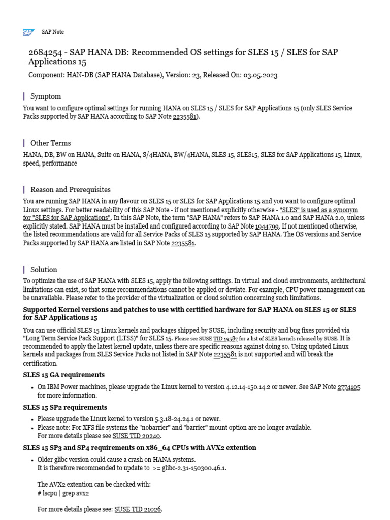 SAP HANA DB Recommended OS Settings For SLES 15 SLES For SAP Applications 15 | PDF | Booting ...