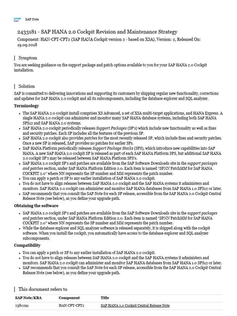 SAP HANA 2.0 Cockpit Revision and Maintenance Strategy | PDF