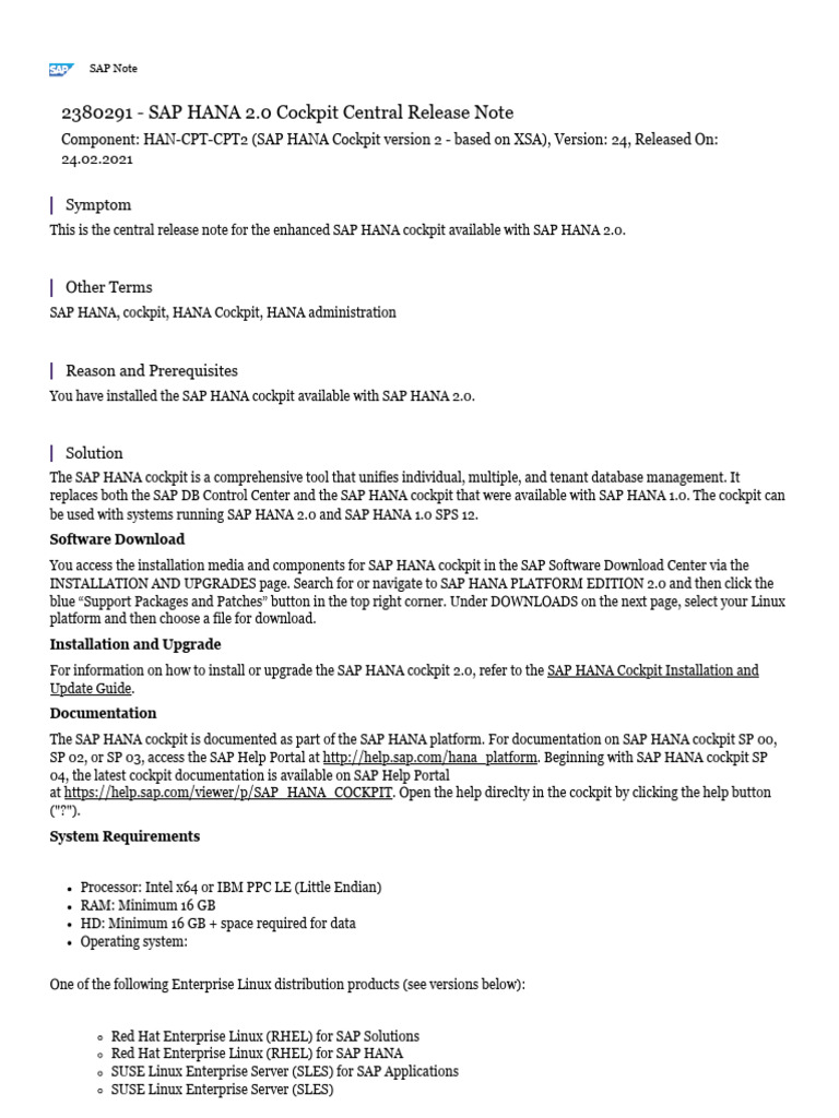 SAP HANA 2.0 Cockpit Central Release Note | PDF | Computer Engineering | Software Engineering