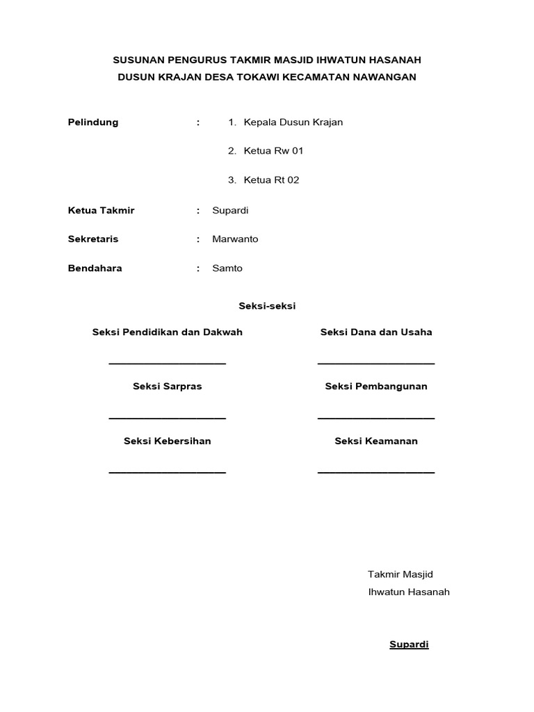 Susunan Pengurus Takmir Masjid Ihwatun Hasanah | PDF