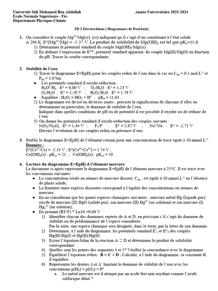 TD 2 Electrochimie 2023-2024 | PDF